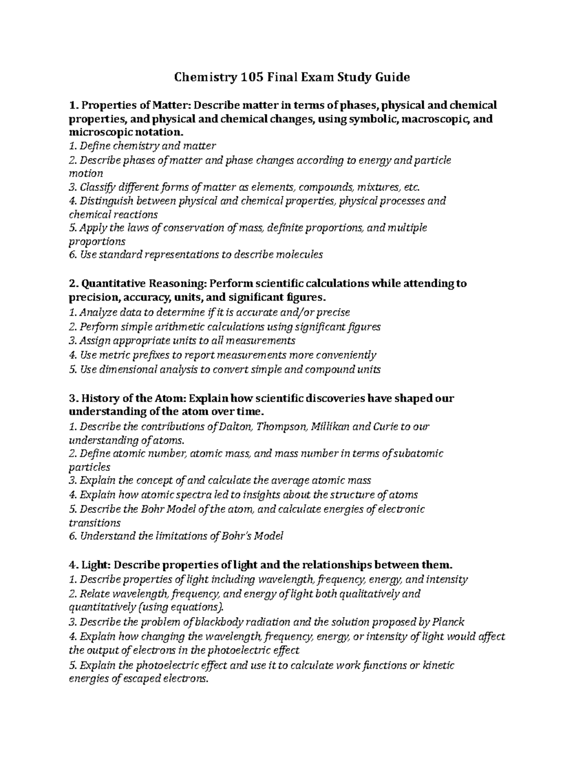 Chemistry 105 Final Exam Study Guide: Key Concepts and Topics - Studocu