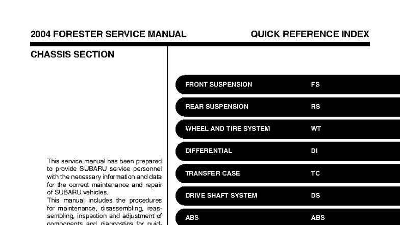 Subaru Forester Service Manual: Quick Reference Chassis Index - Studocu