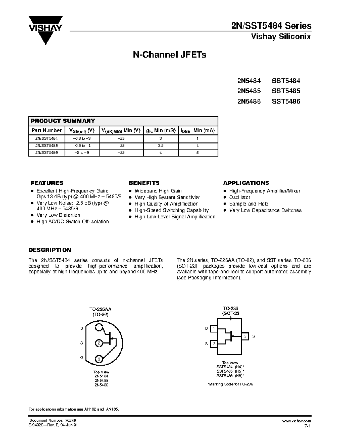 2N5484 - Data sheet - Vishay Siliconix Document Number: 70246 S-04028 ...