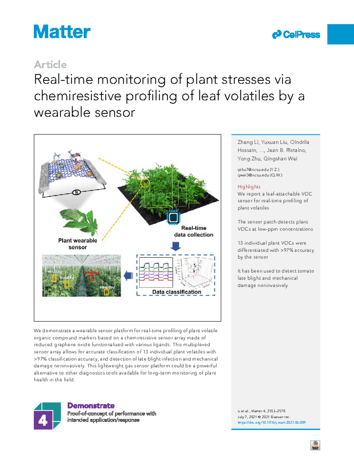 Wearable Sensor for Monitoring Plant VOCs and Stresses in Tomato Plants ...