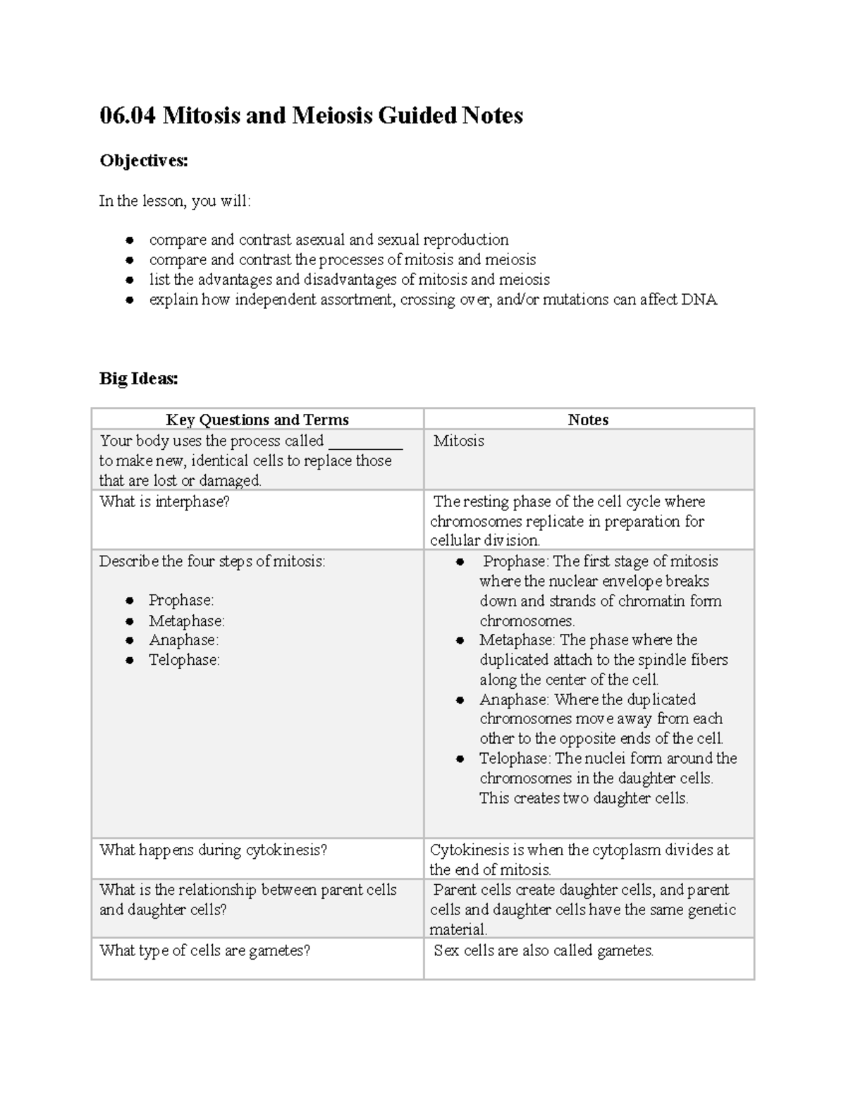 06.04 Mitosis and Meiosis Guided Notes: Key Concepts and Processes ...