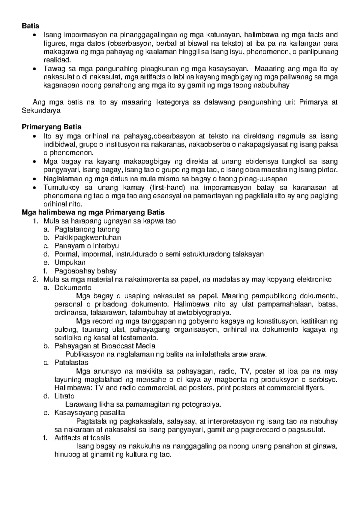 Aralin 1: Primarya at Sekundaryang Batis sa Impormasyon - Studocu