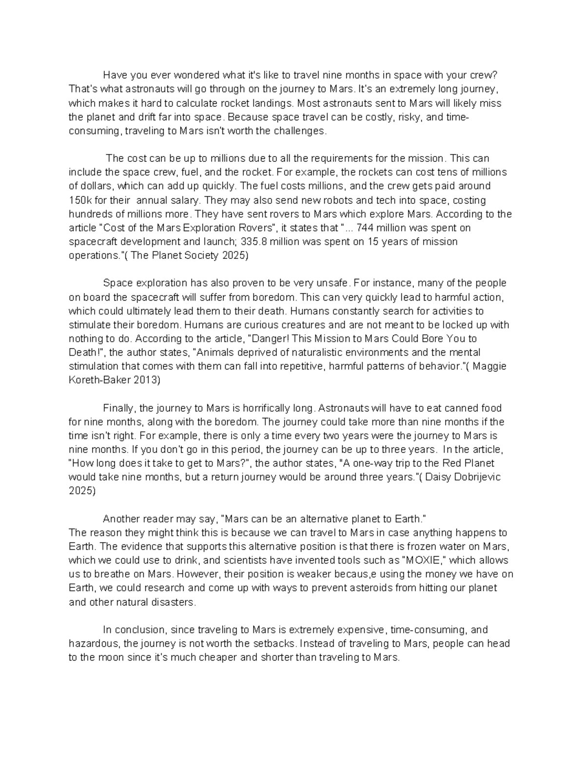 Exploring the Costs and Challenges of Mars Travel: Argument Essay - Studocu