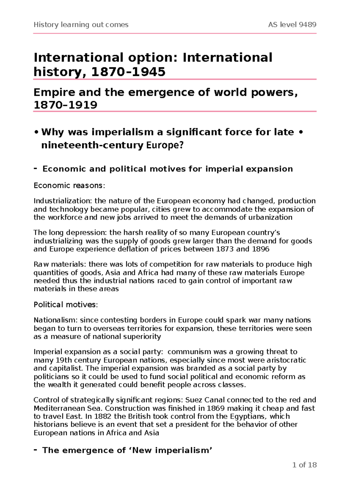 AS History Learning Outcomes: Analysis of Imperialism, 1870-1900 - Studocu