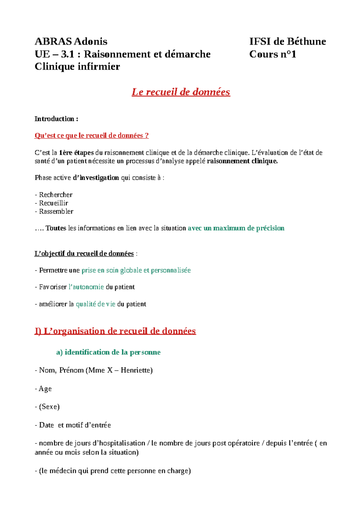 Cours 1 - le recueil de donnée - ABRAS Adonis IFSI de Béthune UE – 3 ...