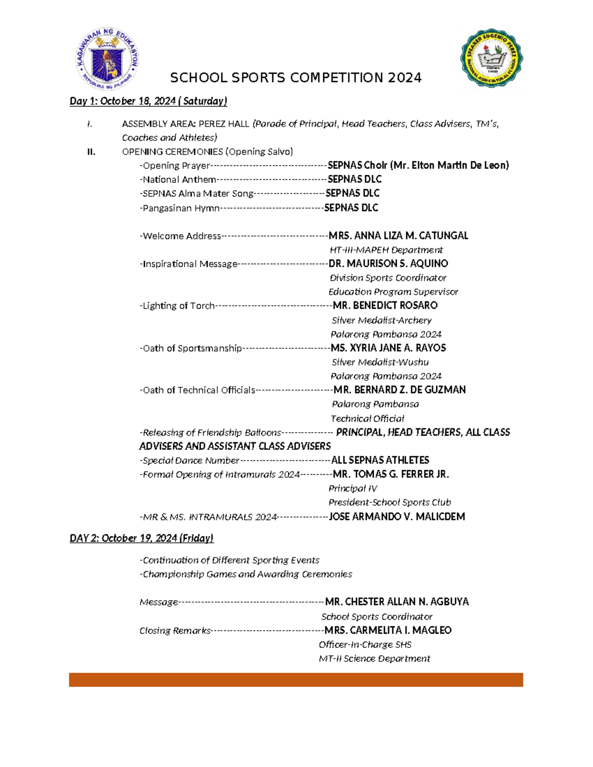 Intrams program 2024 - SCHOOL SPORTS COMPETITION 2024 Day 1: October 18 ...