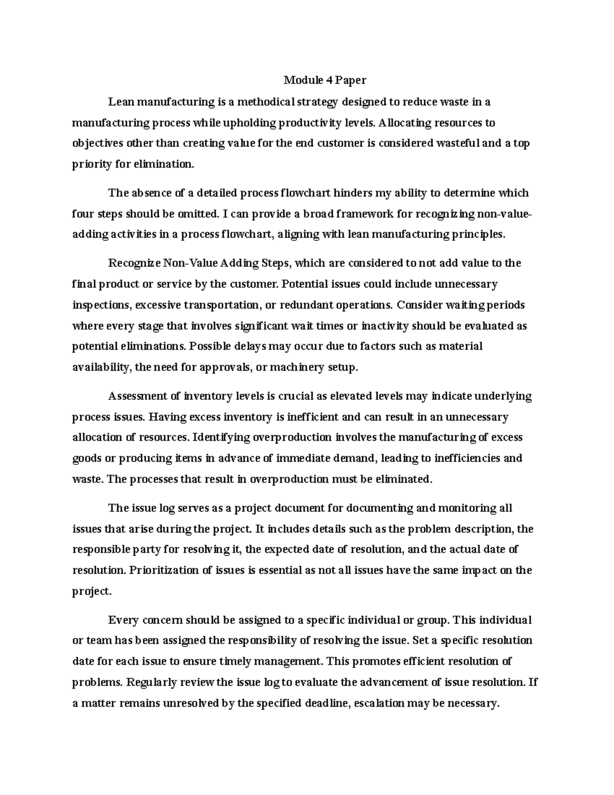 Module 4 Paper - Module 4 Paper Lean manufacturing is a methodical ...