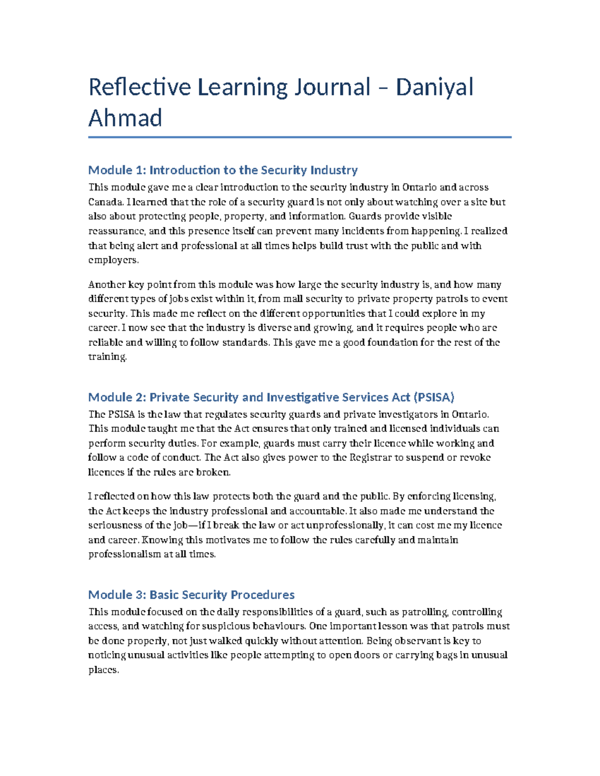 Reflective Learning Journal: Security Industry Insights (Module 1-11 ...