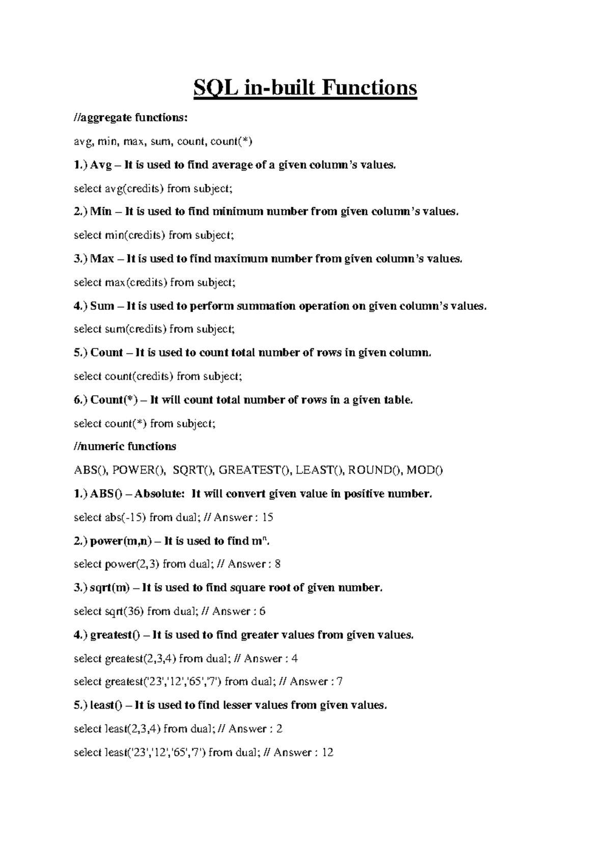 SQL inbuilt functions - SQL in-built Functions //aggregate functions: avg, min, max, sum, count ...