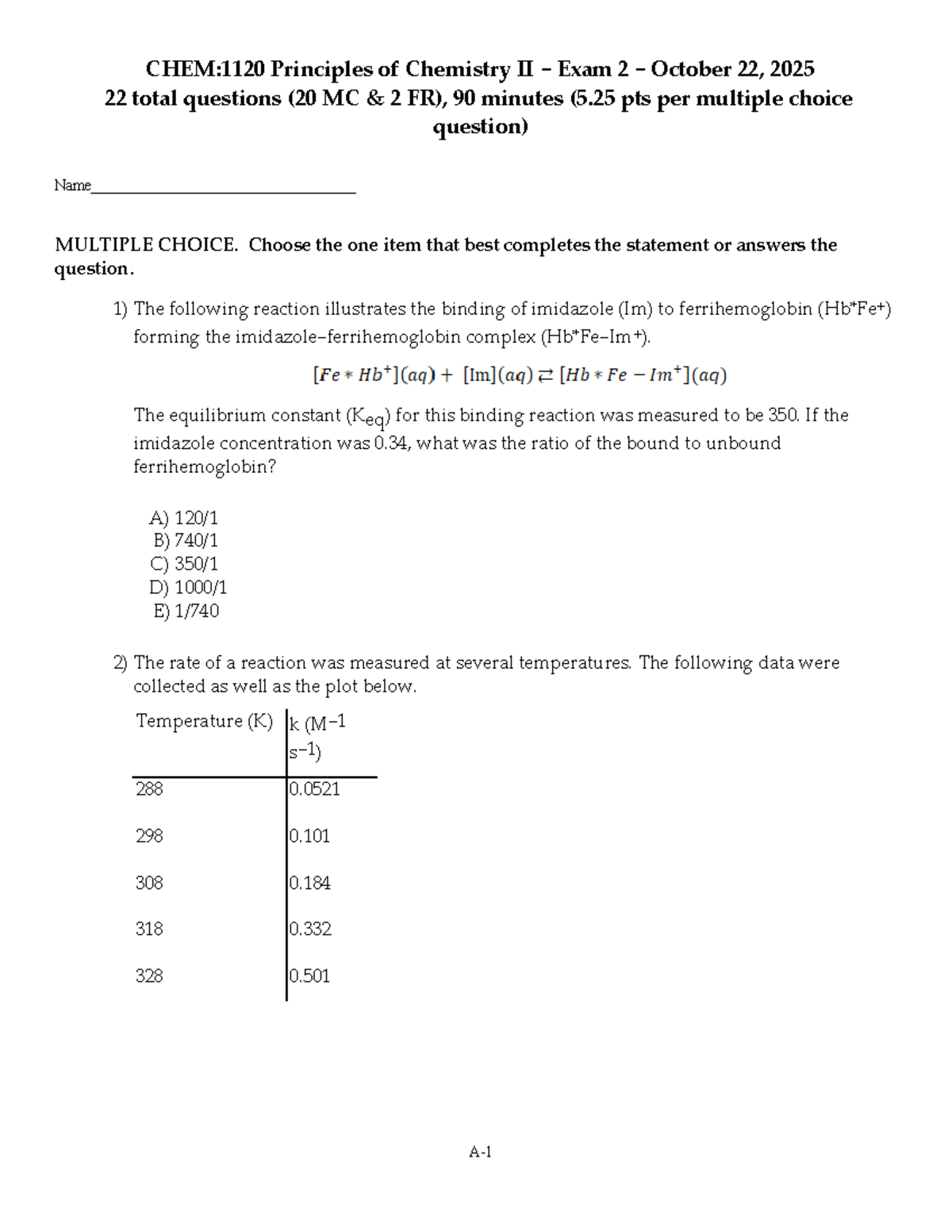 CHEM:1120 Principles of Chemistry II Exam 2 Review - Form A - Studocu