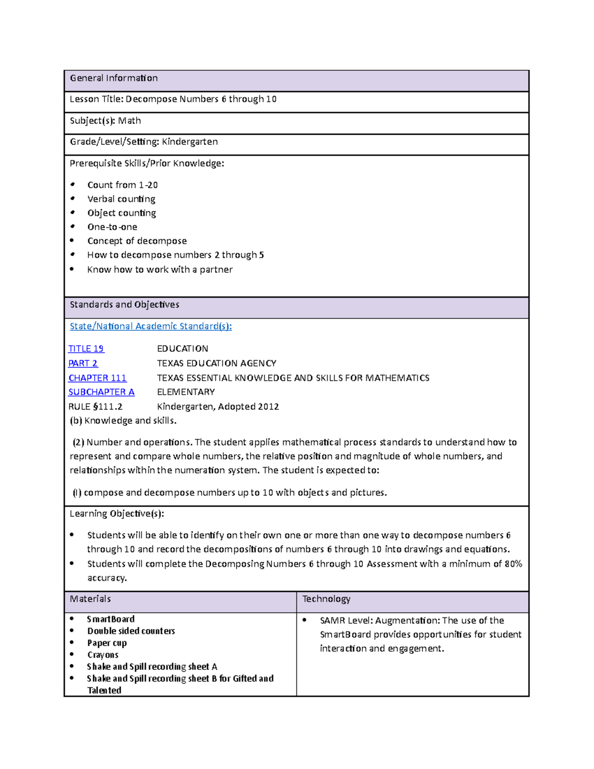 D172 - Lesson Plan: Decomposing Numbers 6 to 10 for Kindergarten - Studocu