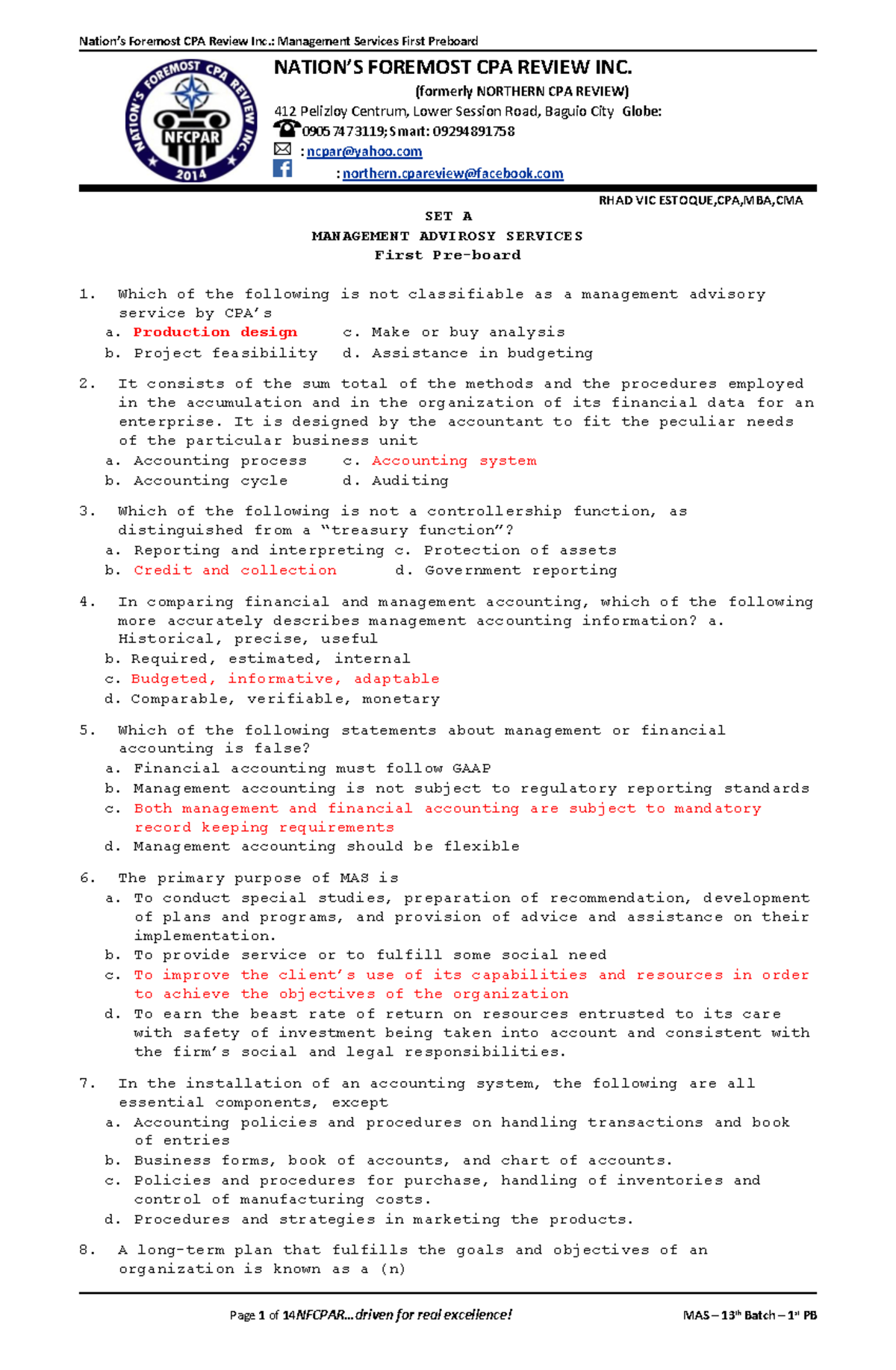 MAS 1st Preboard Review for Management Advisory Services Exam - Studocu