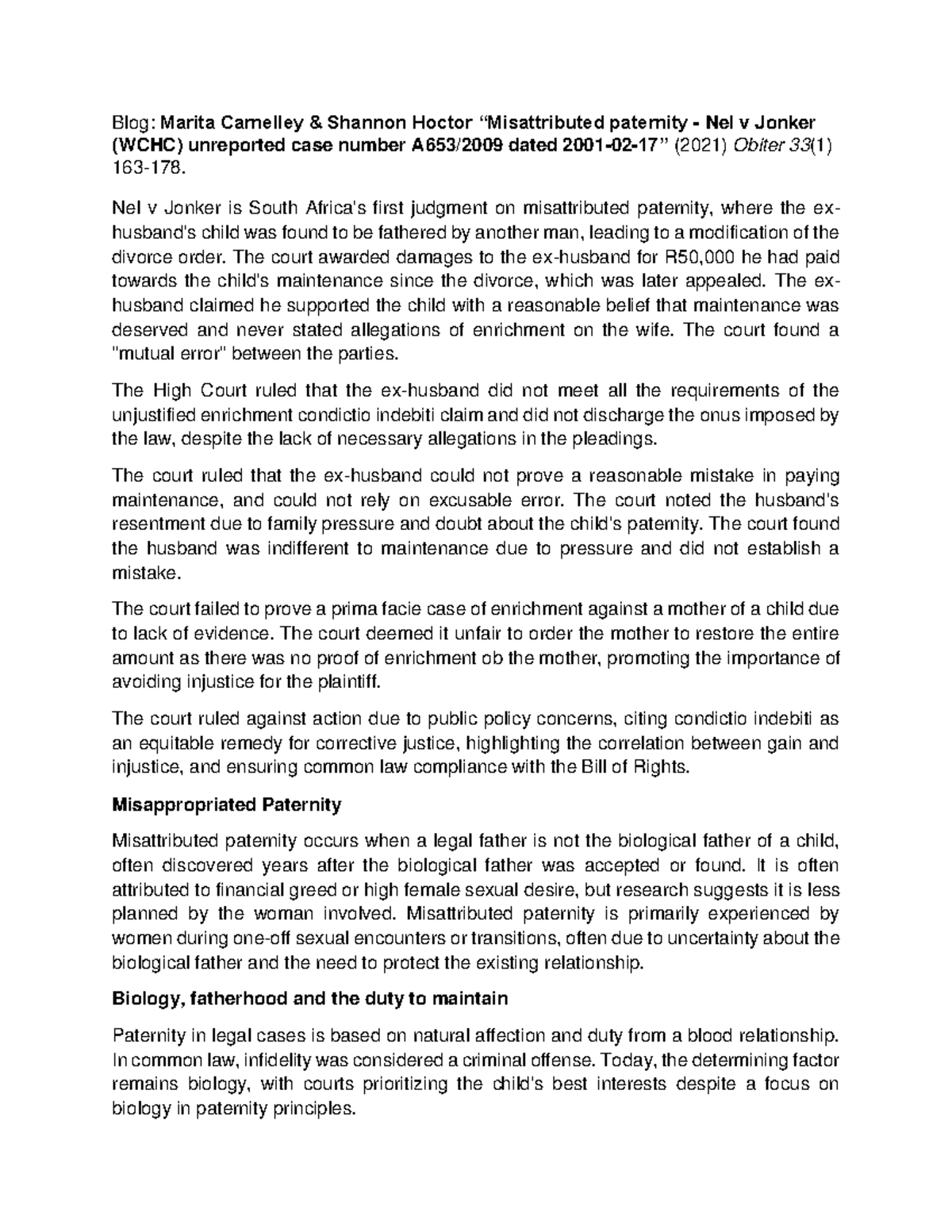 Misattributed Paternity & Its Legal Implications: Nel v Jonker Case ...
