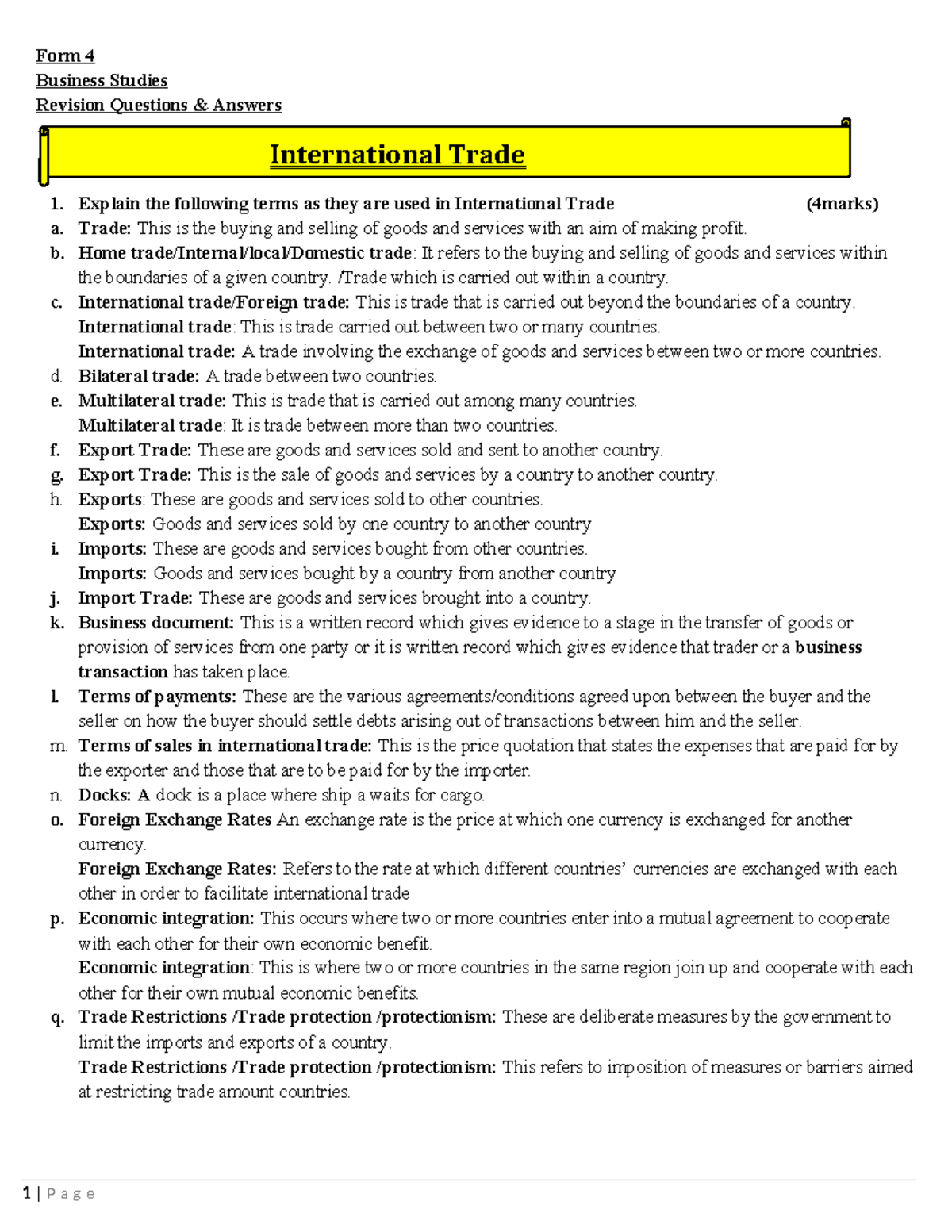 International Trade revision questions and answers for Form 4 - Studocu