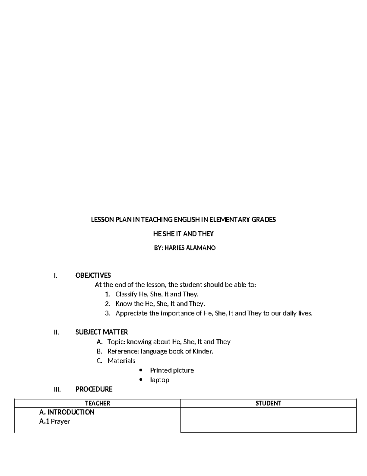He, She, It, They - Lesson Plan for Elementary English Class - Studocu