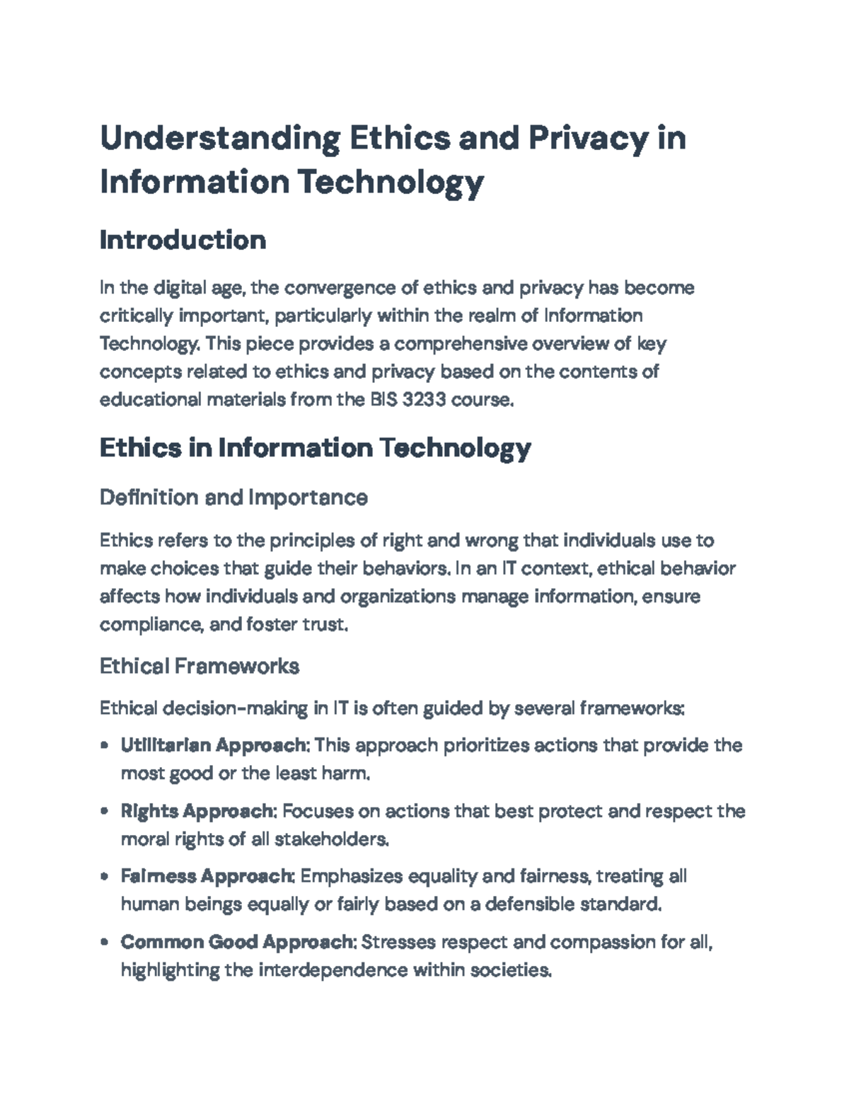 Ethics and Privacy in Information Technology - BIS 3233 Overview ...