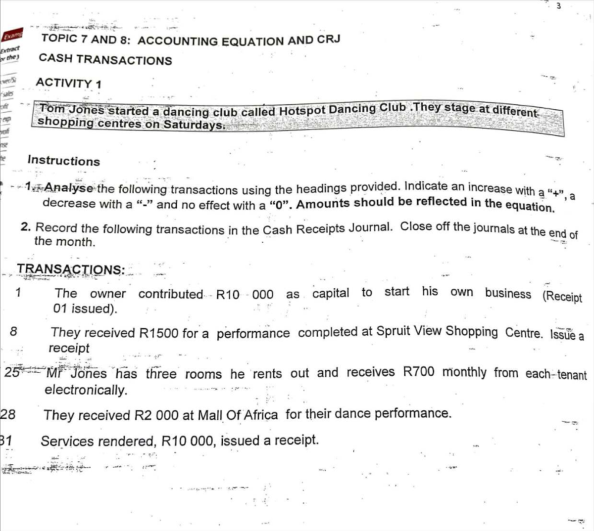 EMS Grade 8 - Cash Transactions Activity for Topics 7 & 8 - Studocu