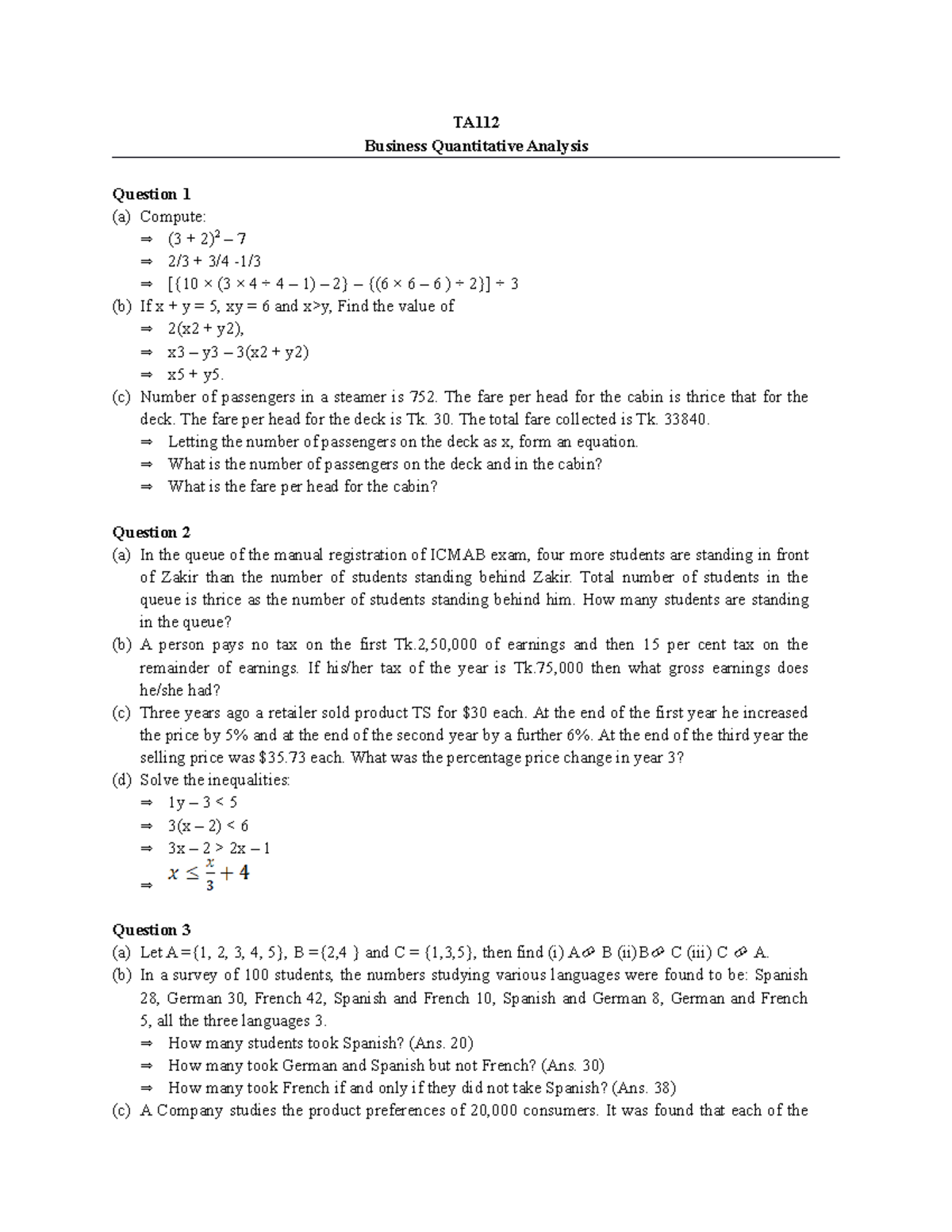 TA112 Business Quantitative Analysis Assignment Notes - 2022 - Studocu