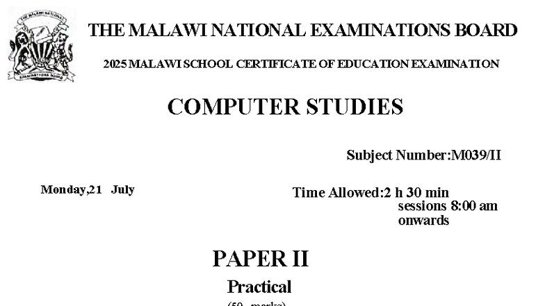 Computer Studies II 2025: Malawi School Certificate Exam Paper II - Studocu