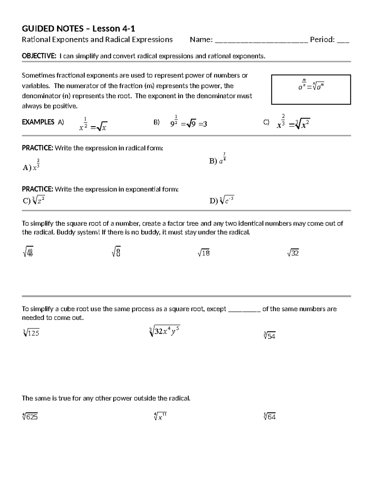 4-1 Guided Notes: Simplifying Rational Exponents & Radicals - Studocu