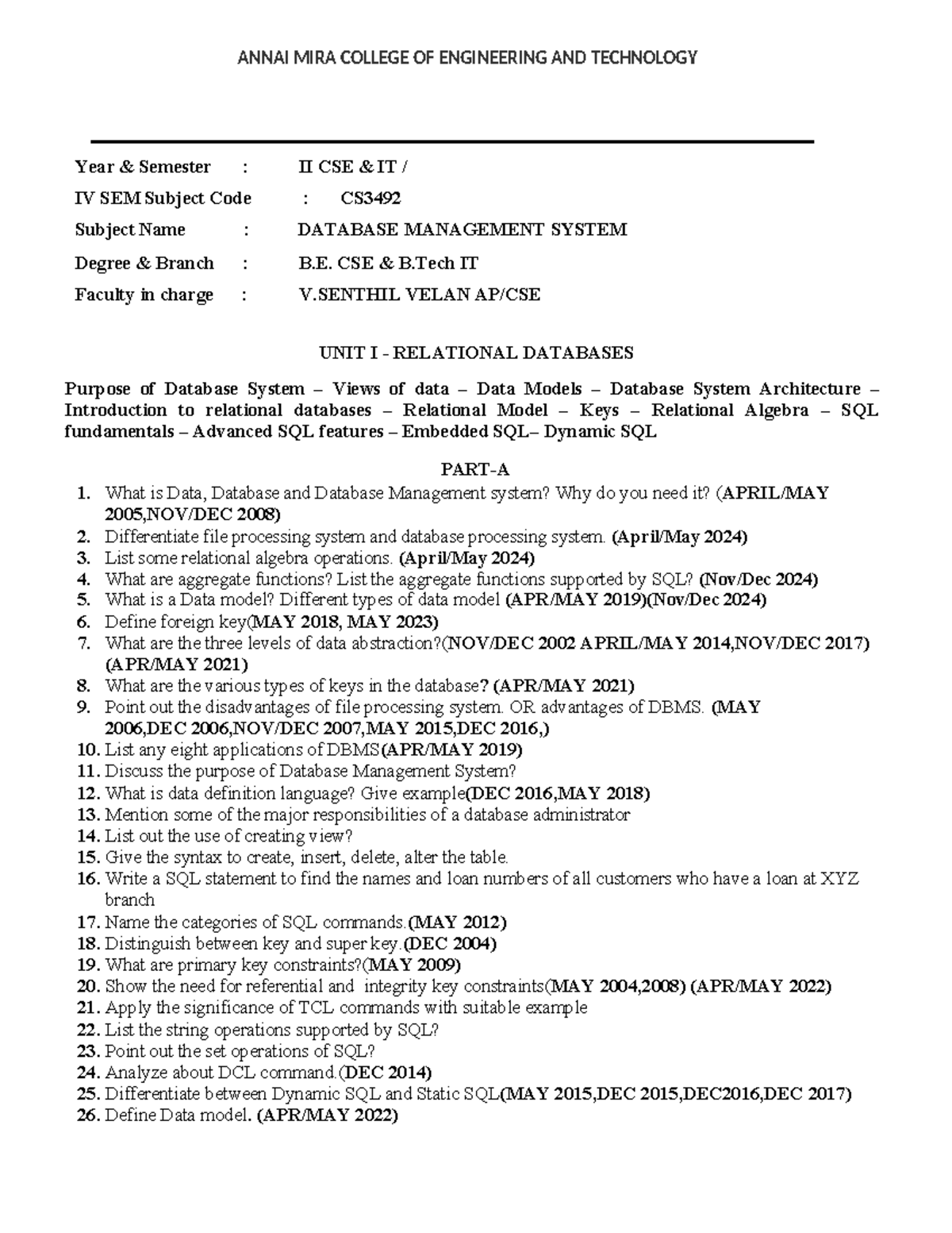 CS3492 Database Management System Question Bank - Studocu