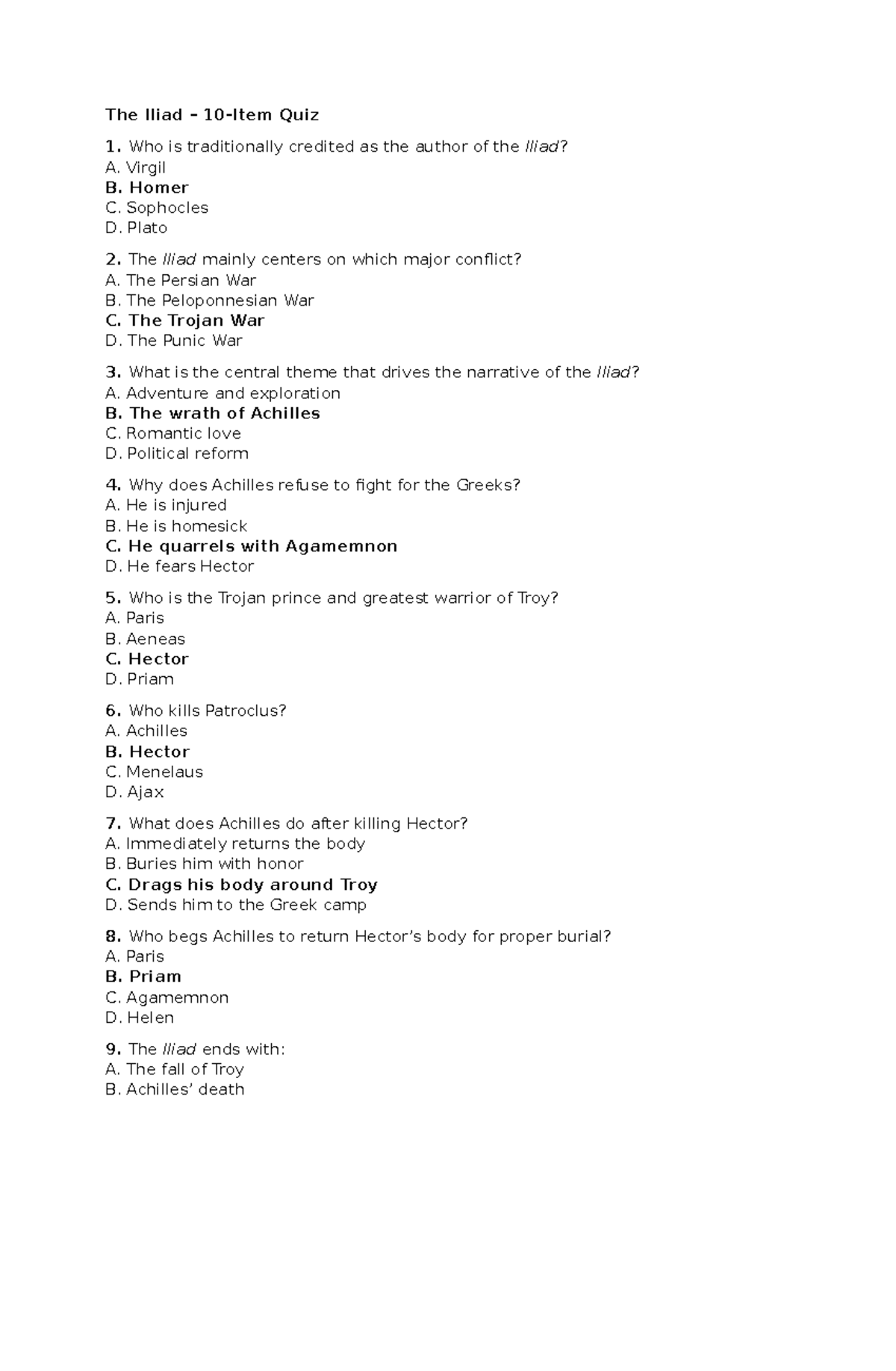 Iliad Quiz 1: Key Questions and Answers on Homer’s Epic - Studocu
