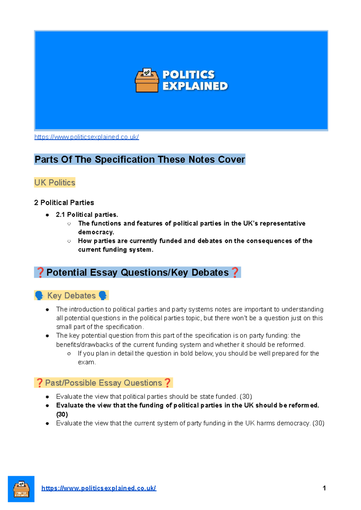 A Level Politics: Key Notes on Political Parties & Funding Issues - Studocu