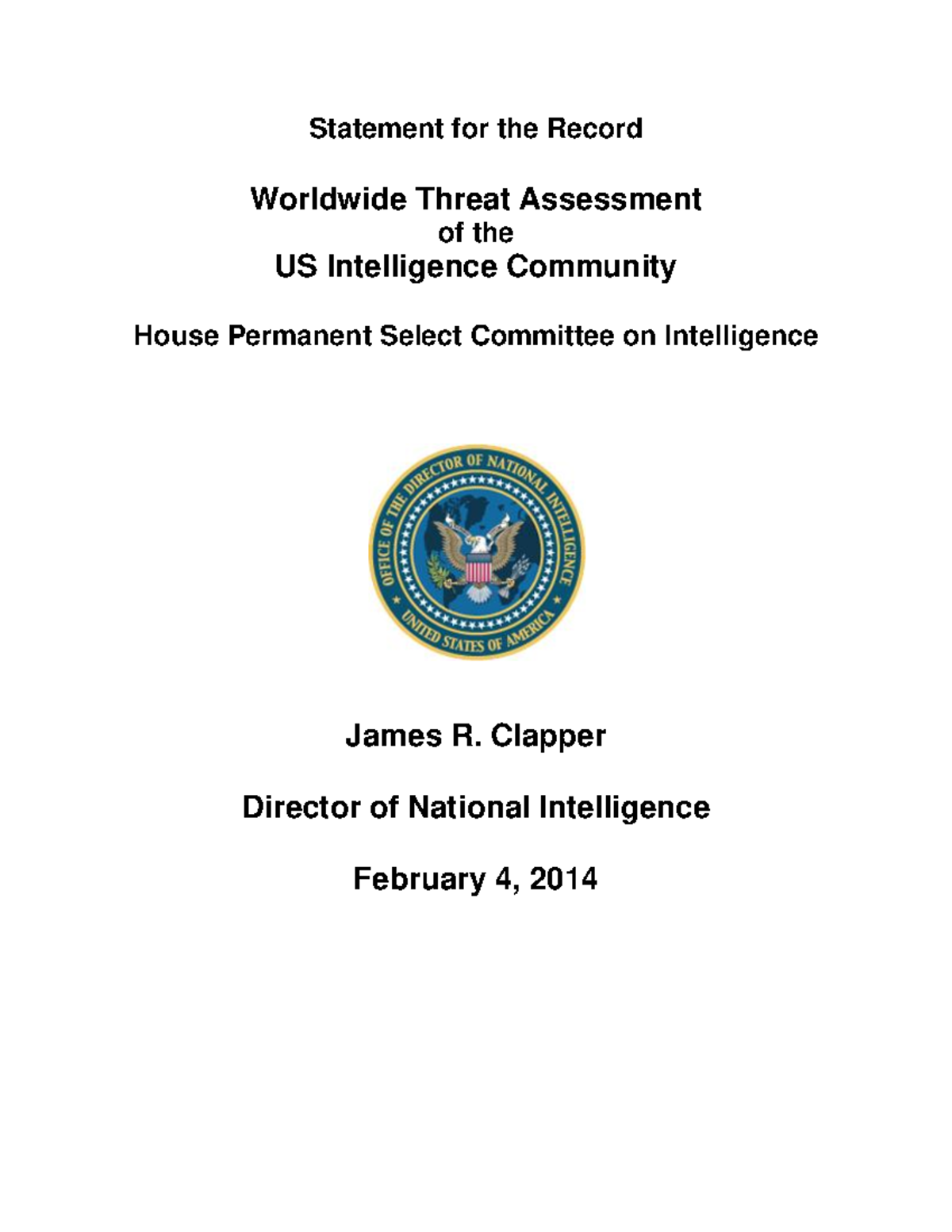 US Intelligence Community Worldwide Threat Assessment 2014: Clapper's ...