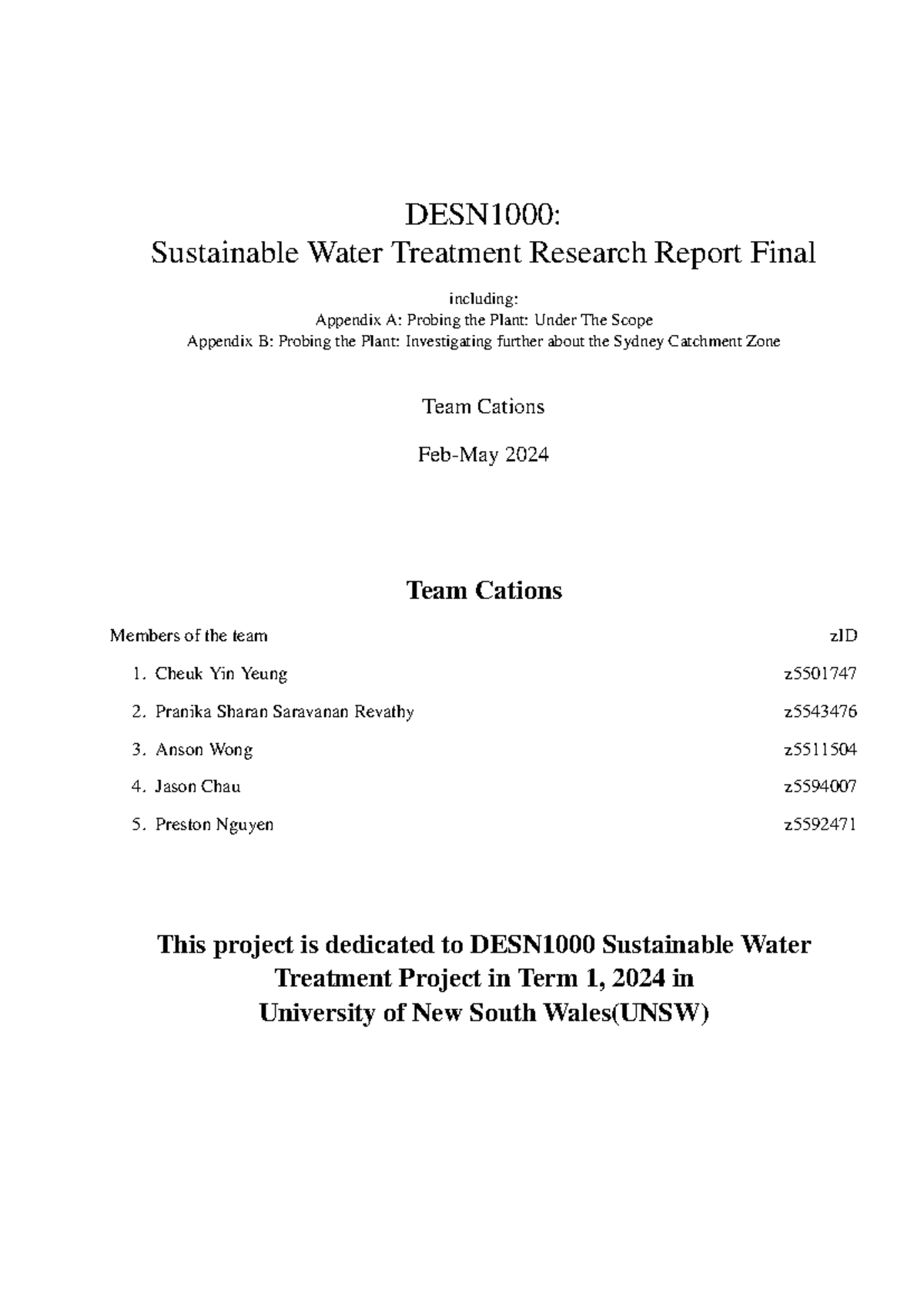 DESN1000 Sustainable Water Treatment Research Report - Final 2024 - Studocu