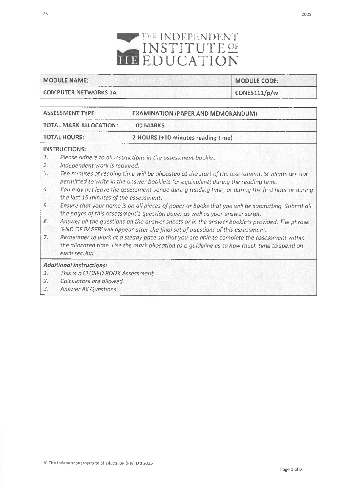 CONE5111 Computer Networks 1A Final Exam Past Paper 2025 - Studocu