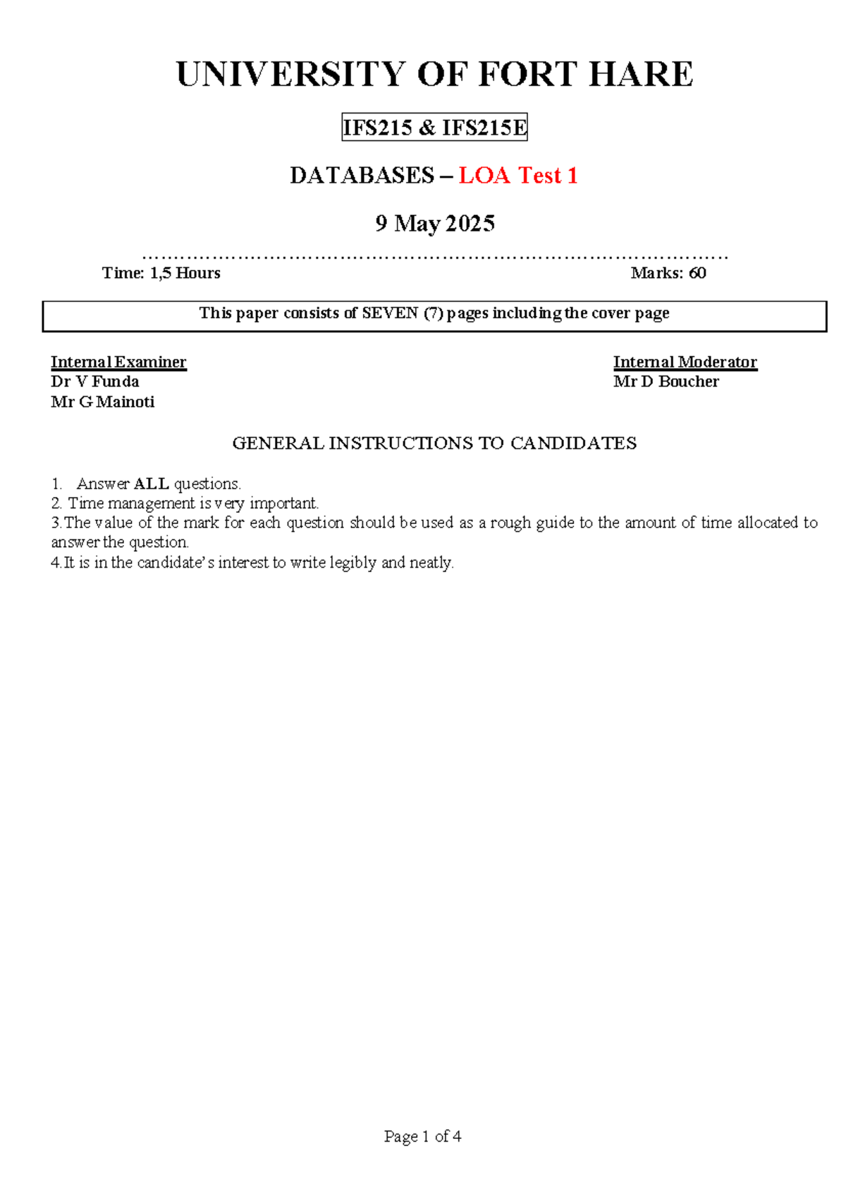 IFS215 & IFS215E - Databases LOA Test 1 - Studocu