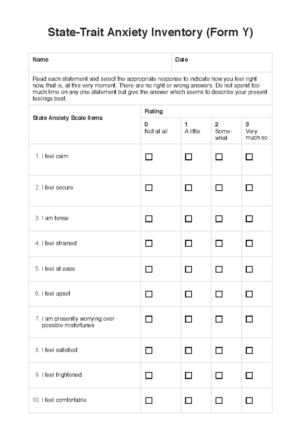 State-Trait Anxiety Inventory (Form Y) Questionnaire Sample - Studocu