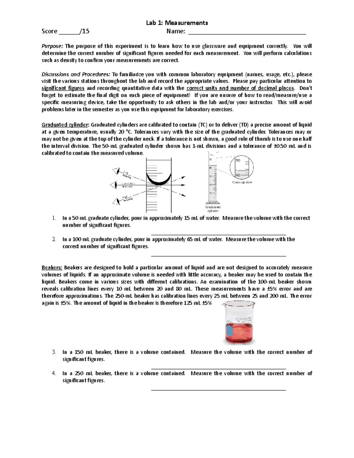 CHEM 105 Lab 1: Measurement Techniques & Density Analysis - Studocu