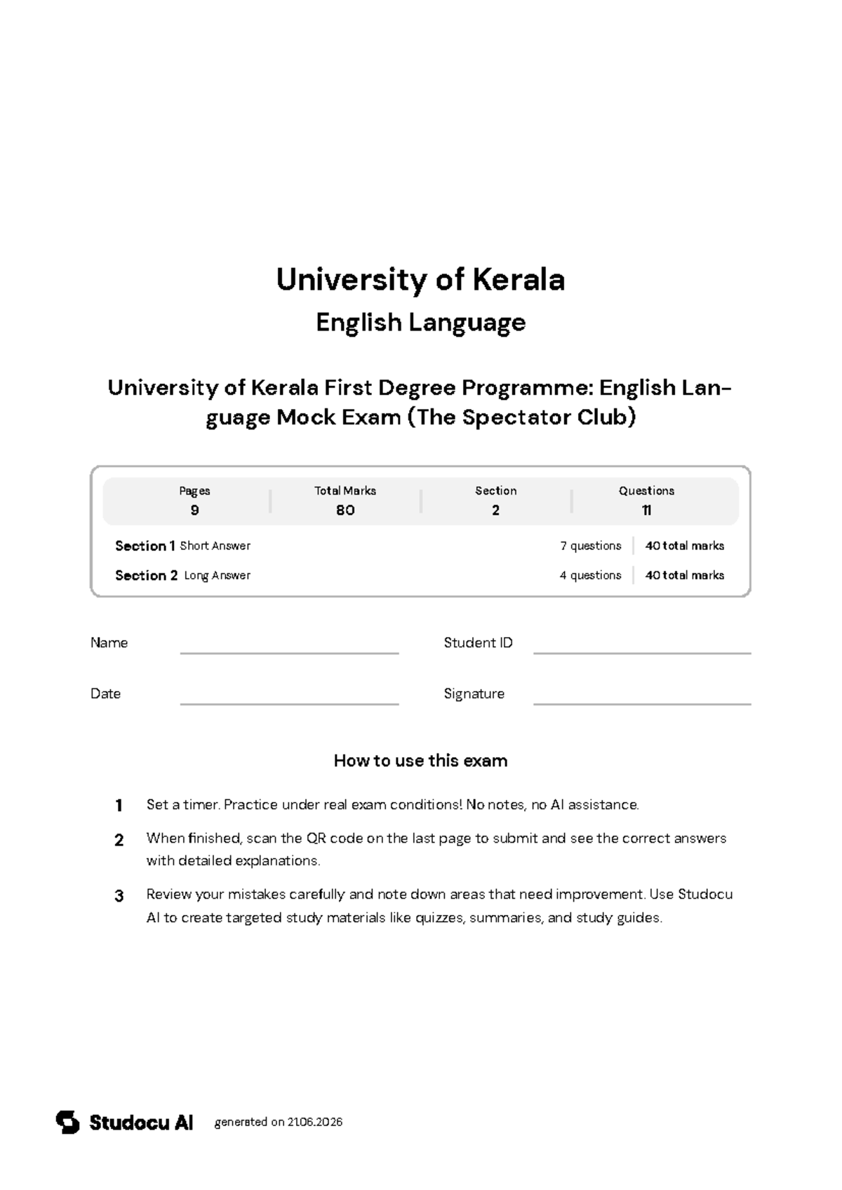 University of Kerala English Language Mock Exam - Studocu
