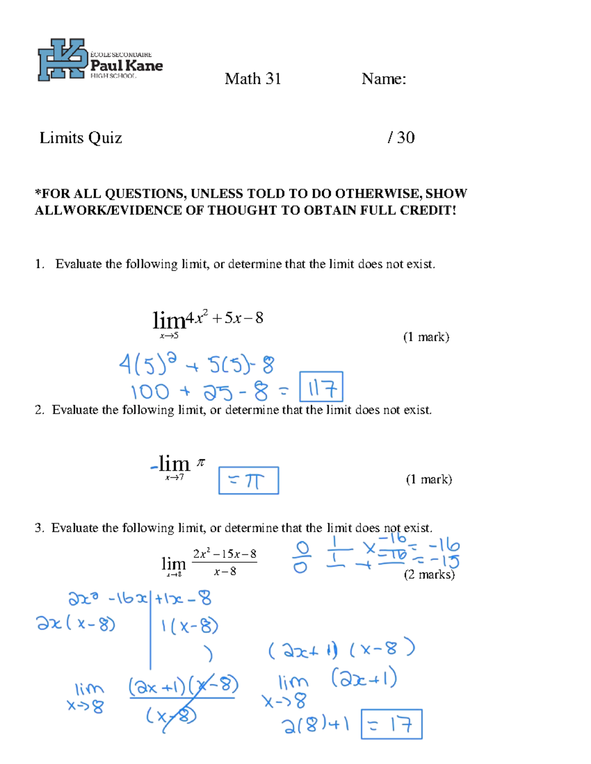 Math 31 Limits Quiz - Comprehensive Questions and Solutions - Studocu