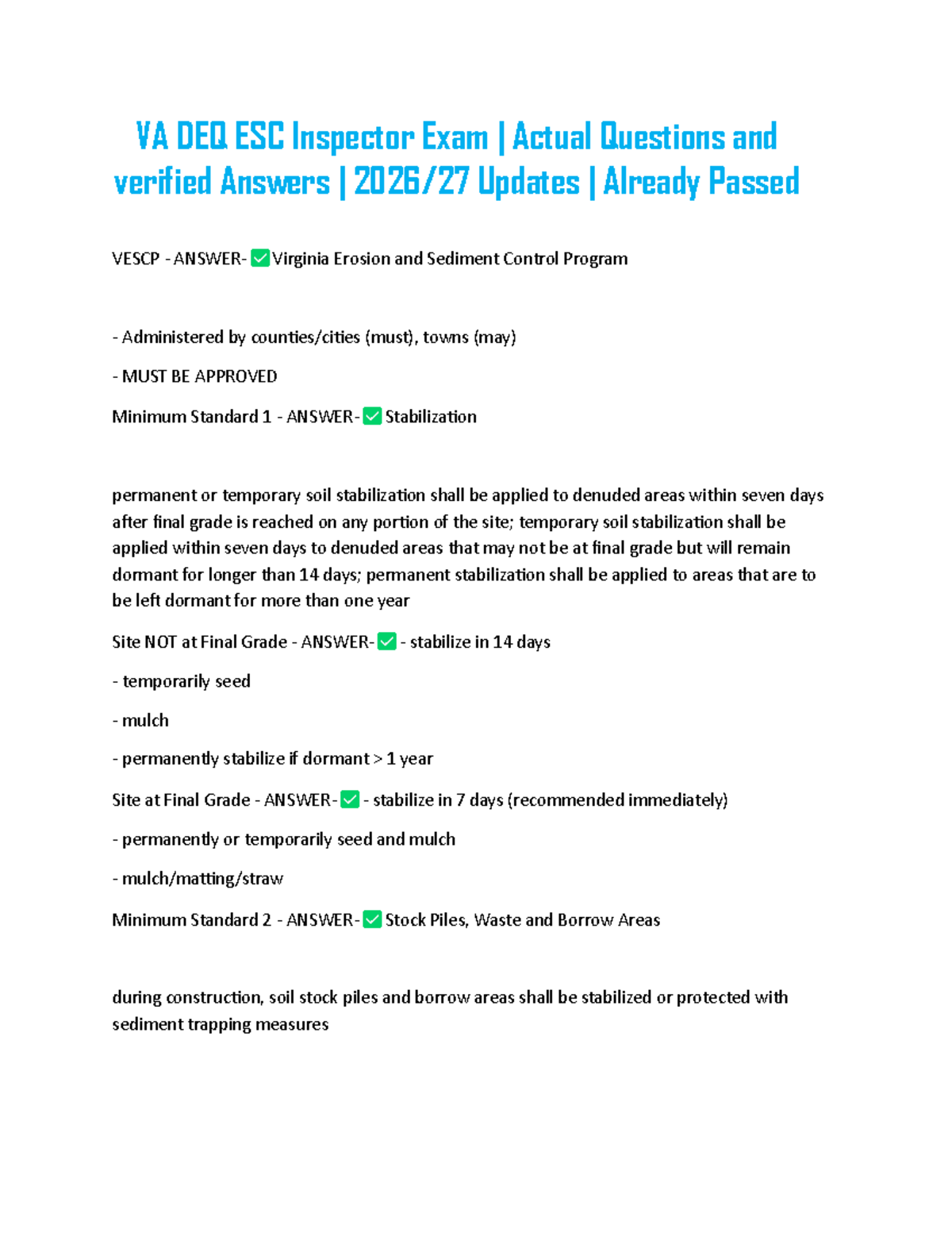VA DEQ ESC Inspector Exam: Key Questions & Answers for VESCP - Studocu