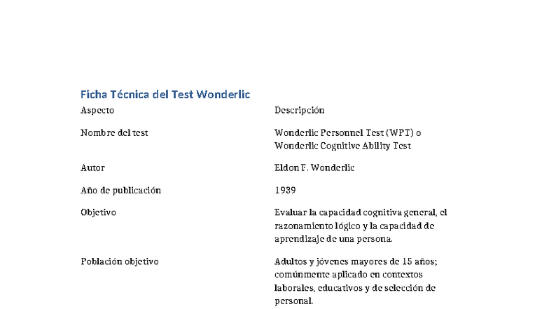 Ficha Técnica del Test Wonderlic (WPT) - Descripción y Uso - Studocu