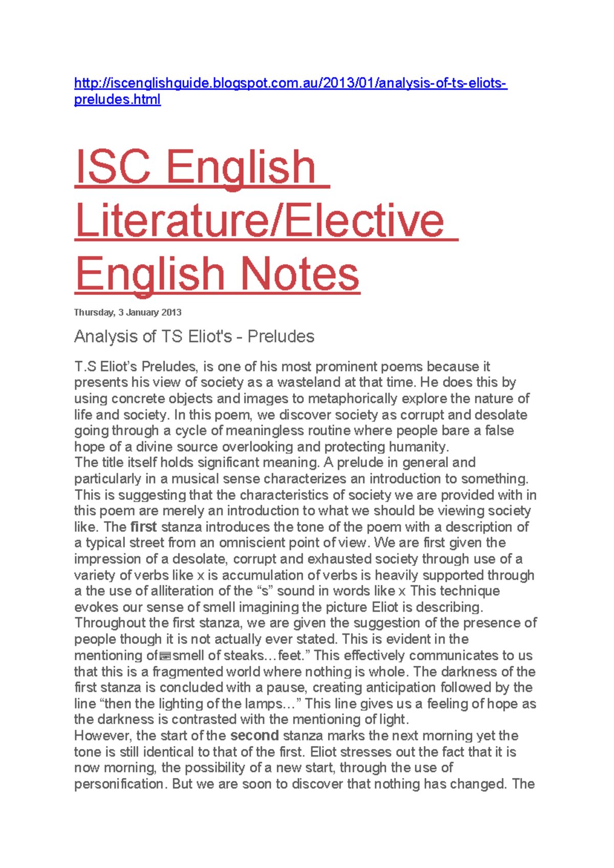 ISC English Essay Notes: Analysis of T.S. Eliot's Preludes - Studocu
