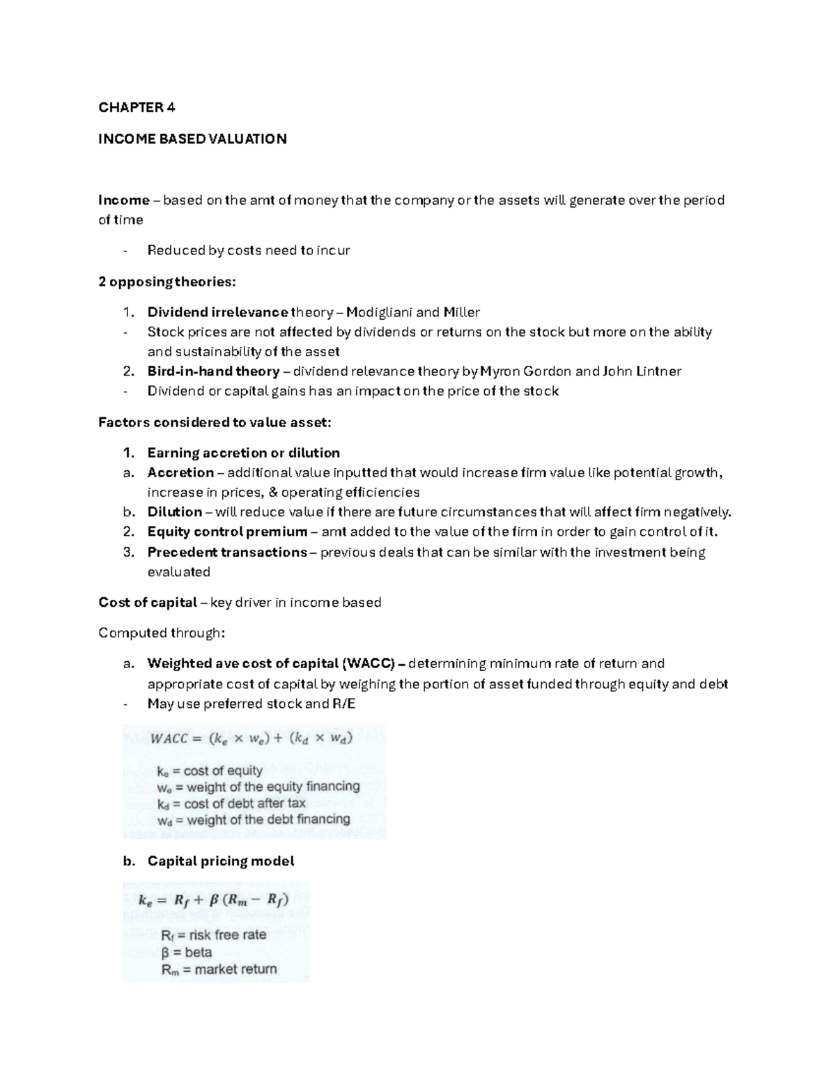 Valuation Chapter 4 Notes - CHAPTER 4 INCOME BASED VALUATION Income ...