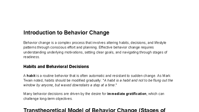 Lecture 3: Understanding Behavior Change and Goal Setting - Studocu