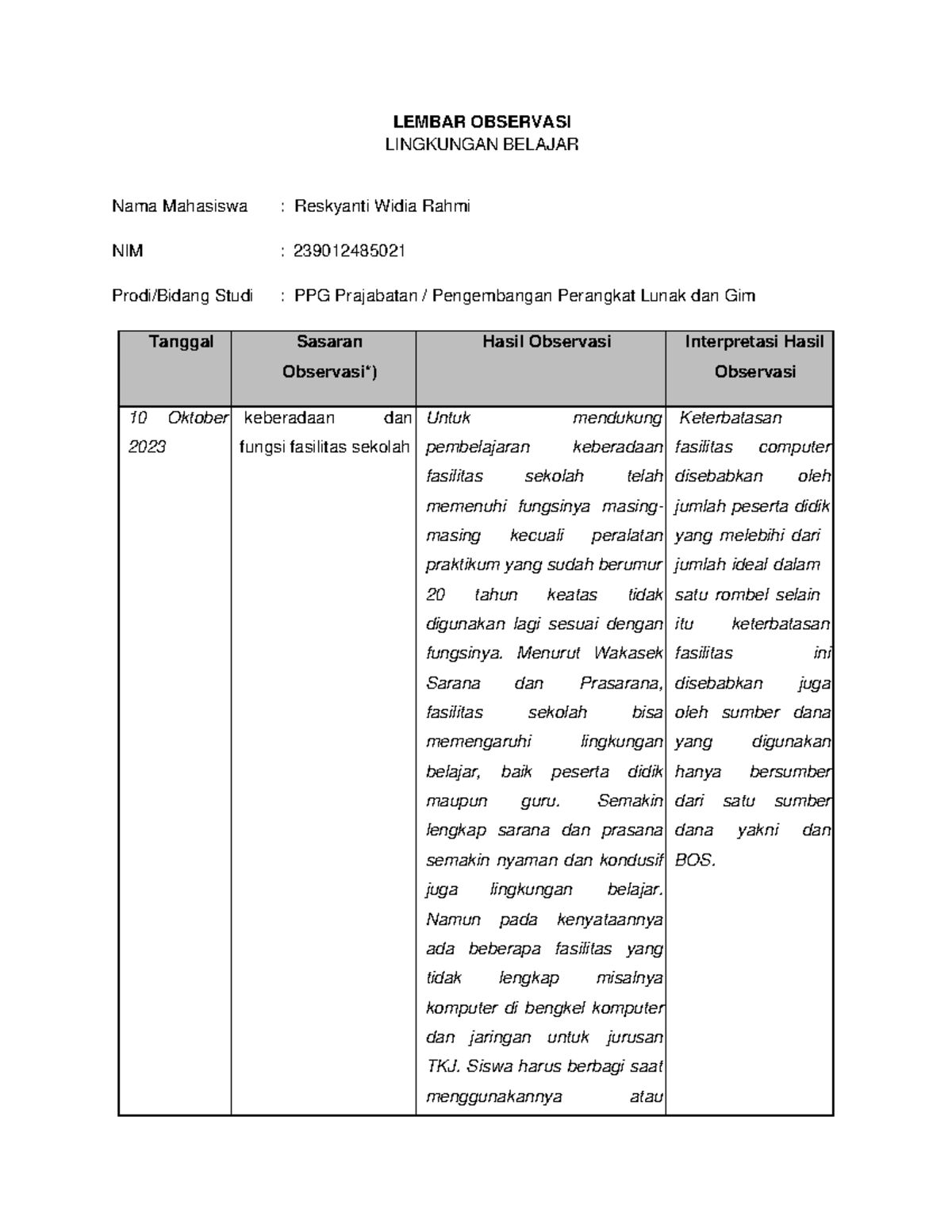 Lampiran 2. LK 2a Contoh Format Lembar Observasi Lingkungan Belajar di ...