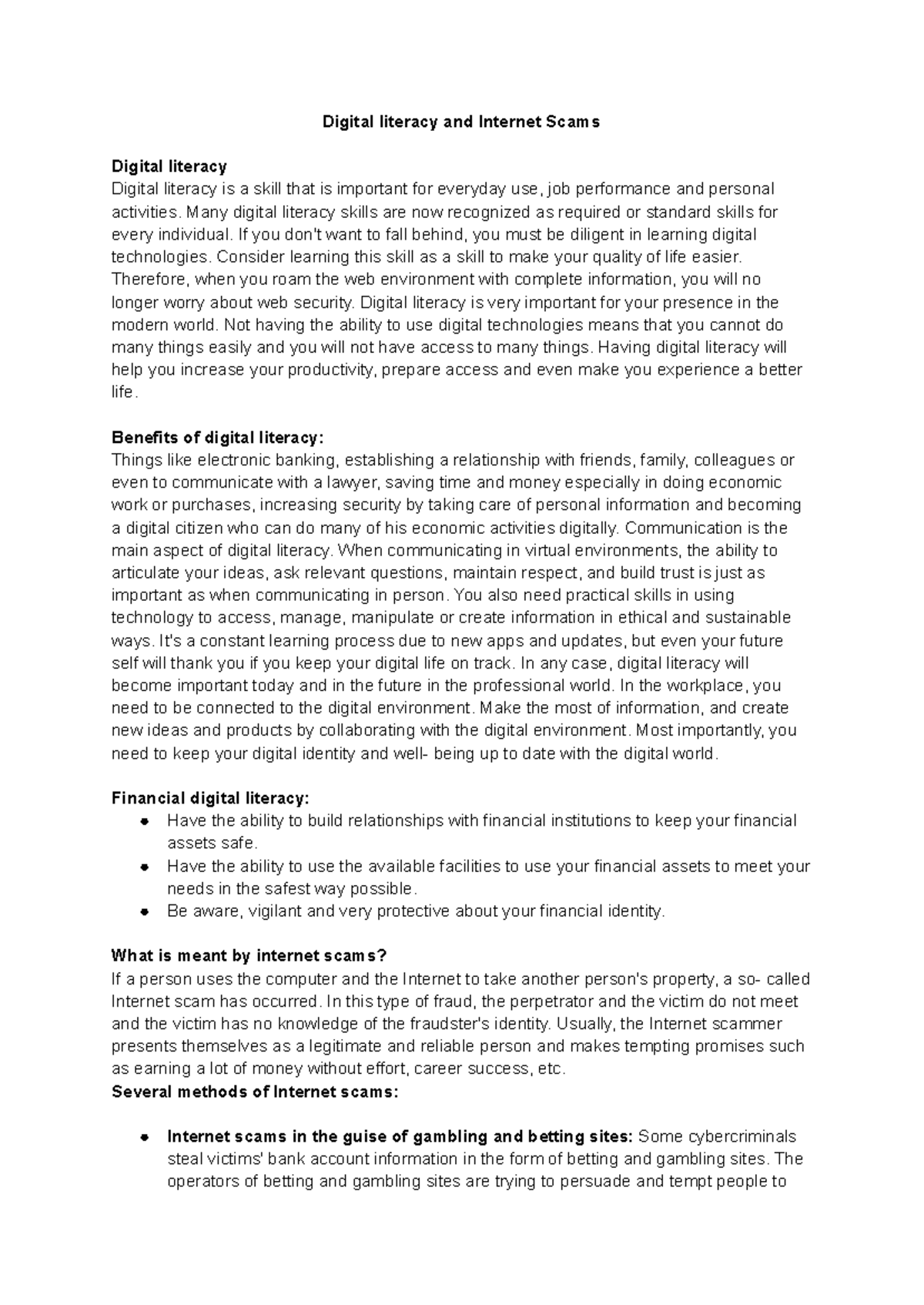Digital Literacy and Internet Scams: Understanding Online Threats - Studocu
