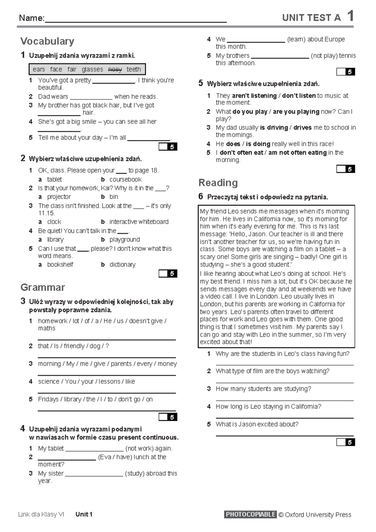 Link L6 U1 Unit Test A: Vocabulary & Grammar Exercises - Studocu