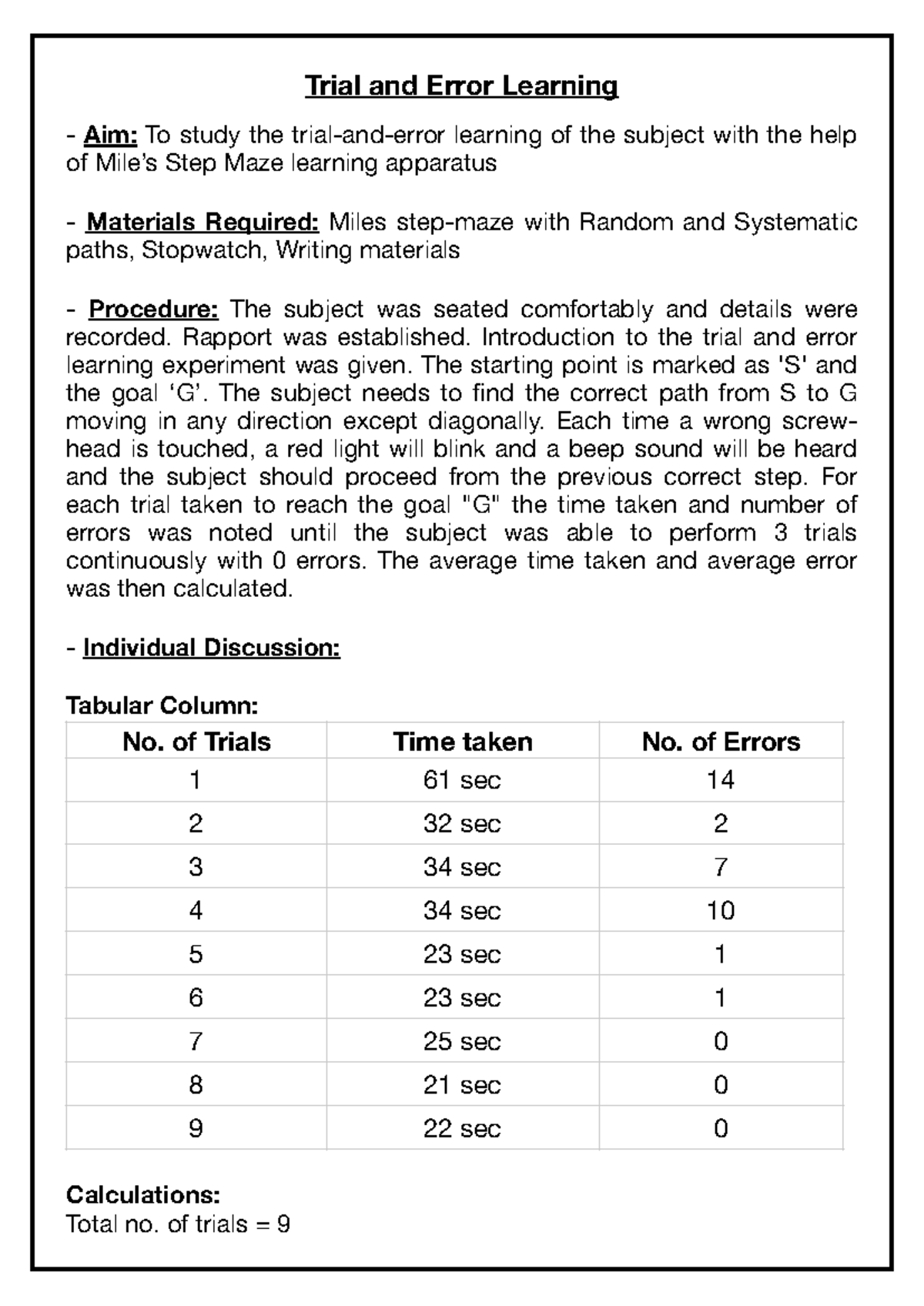 Trial and Error Learning Experiment Analysis: Findings and Insights ...