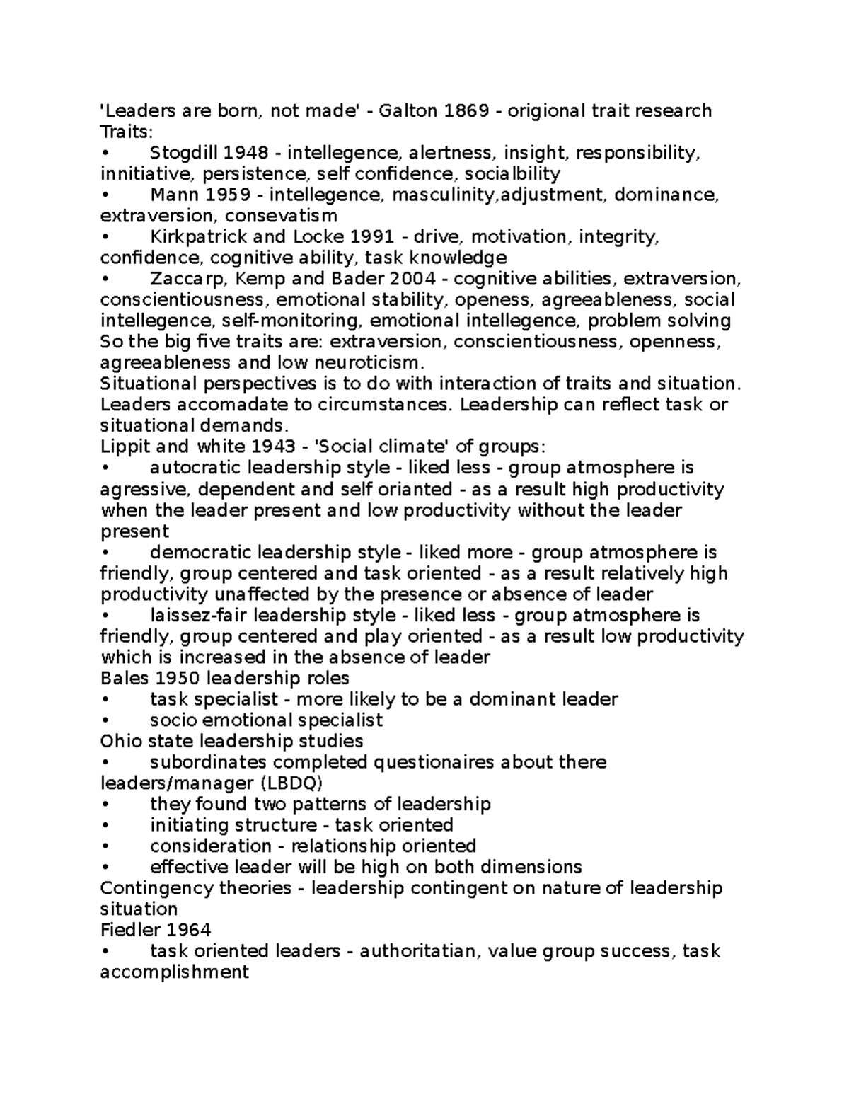 Social Psychology - Leadership Theories and Traits Analysis - Studocu