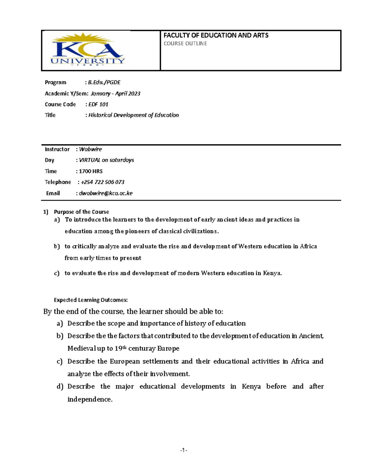 Course Outline: EDF 101 - Historical Development of Education (PGDE ...