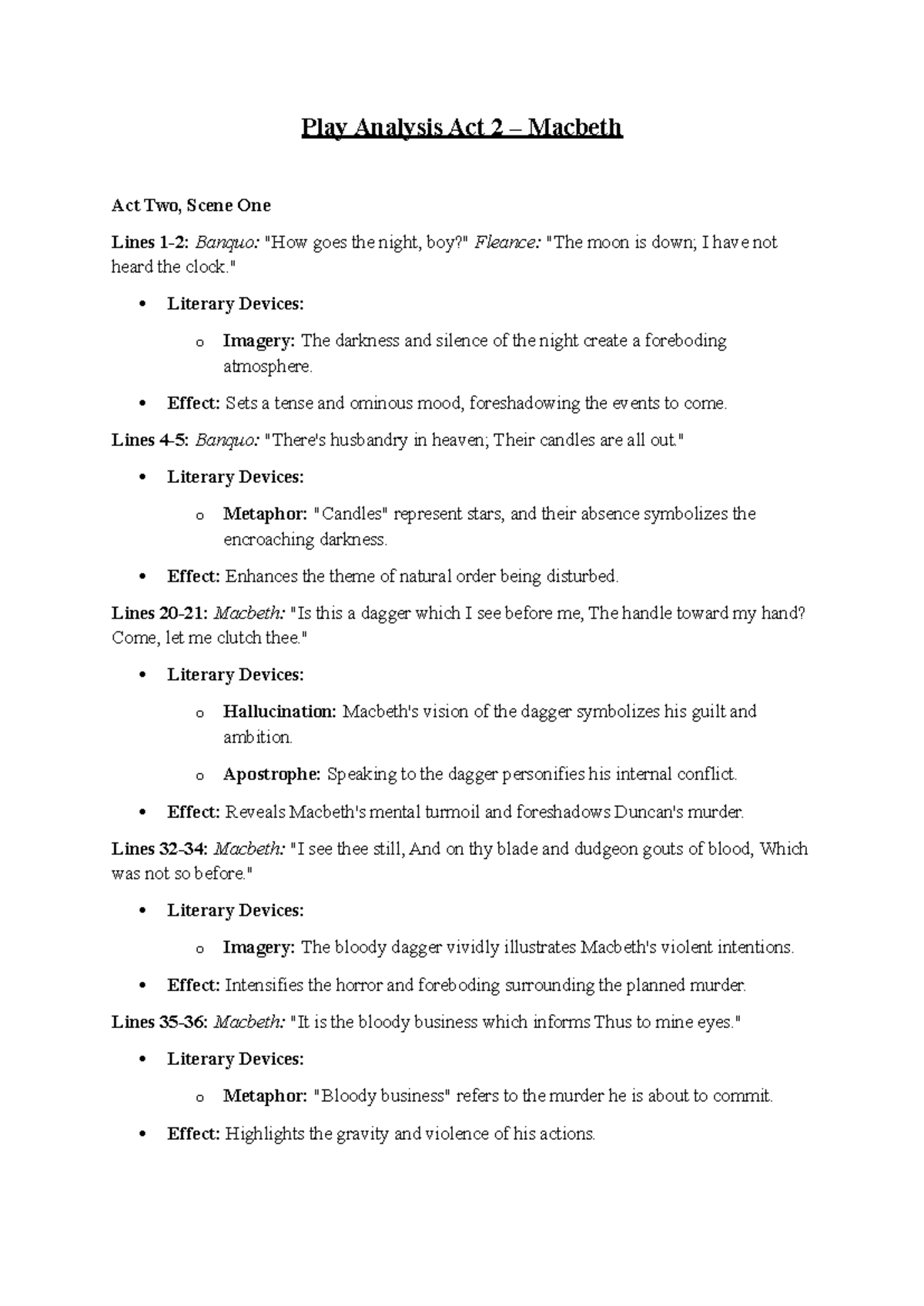 Play Analysis: Macbeth Act 2 - Literary Devices and Themes - Studocu