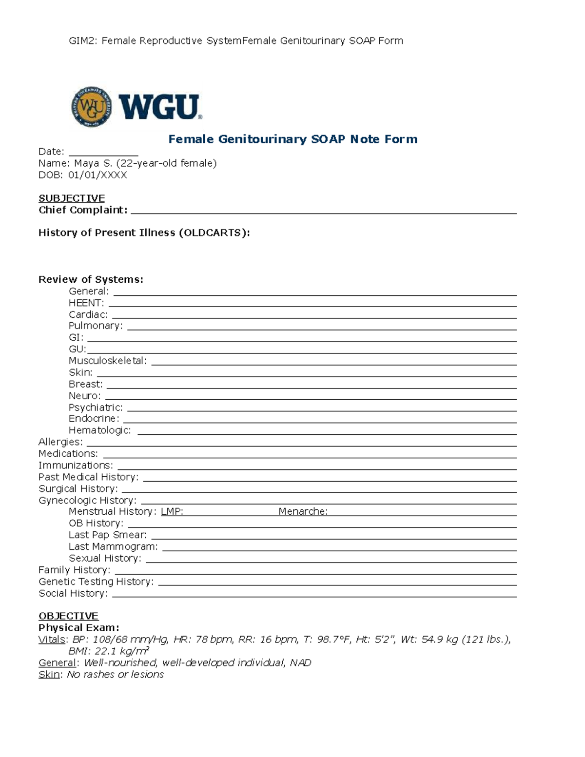 GIM2: Female Genitourinary SOAP Note Form - Studocu