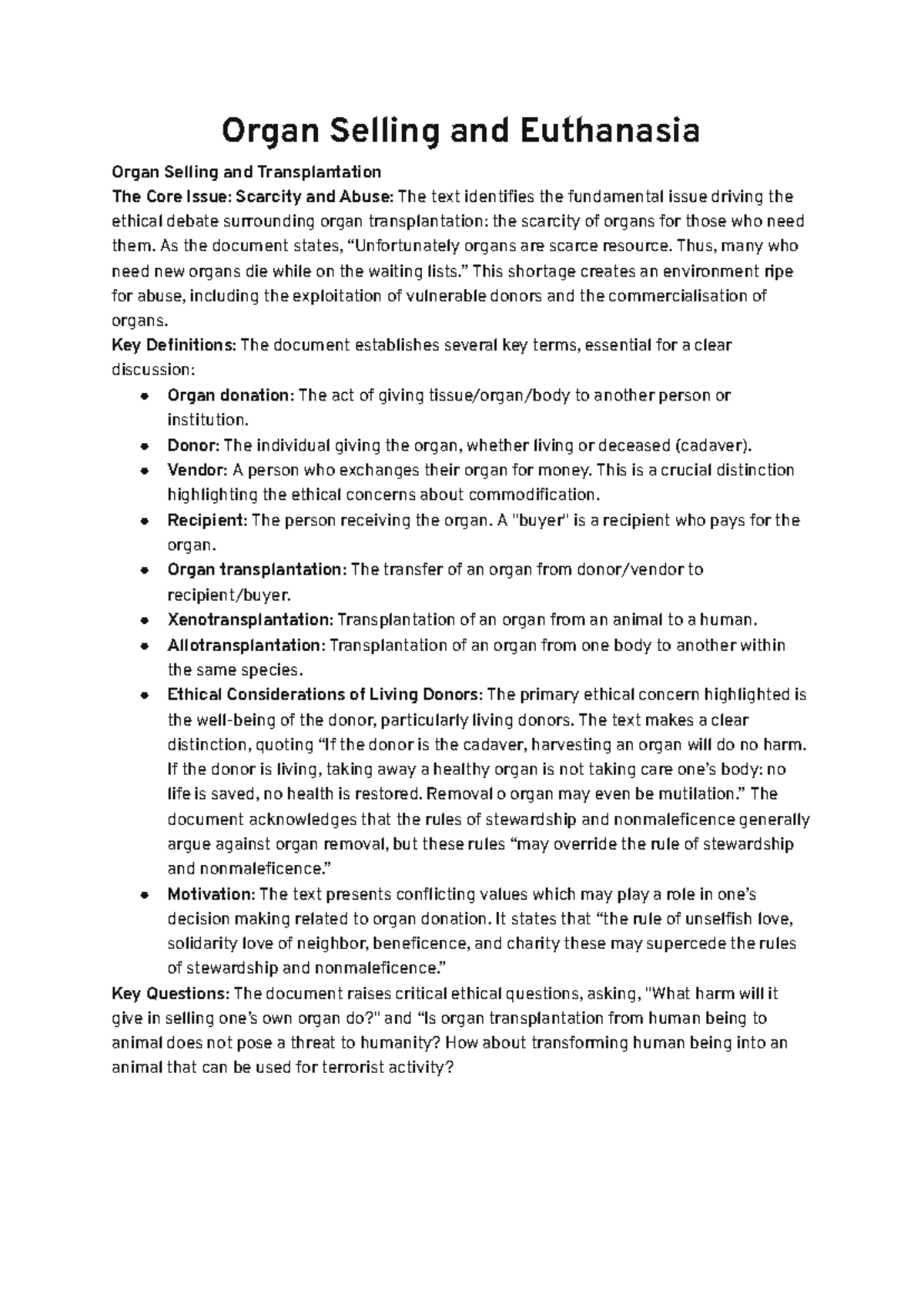 Organ Selling and Euthanasia - As the document states, “Unfortunately ...