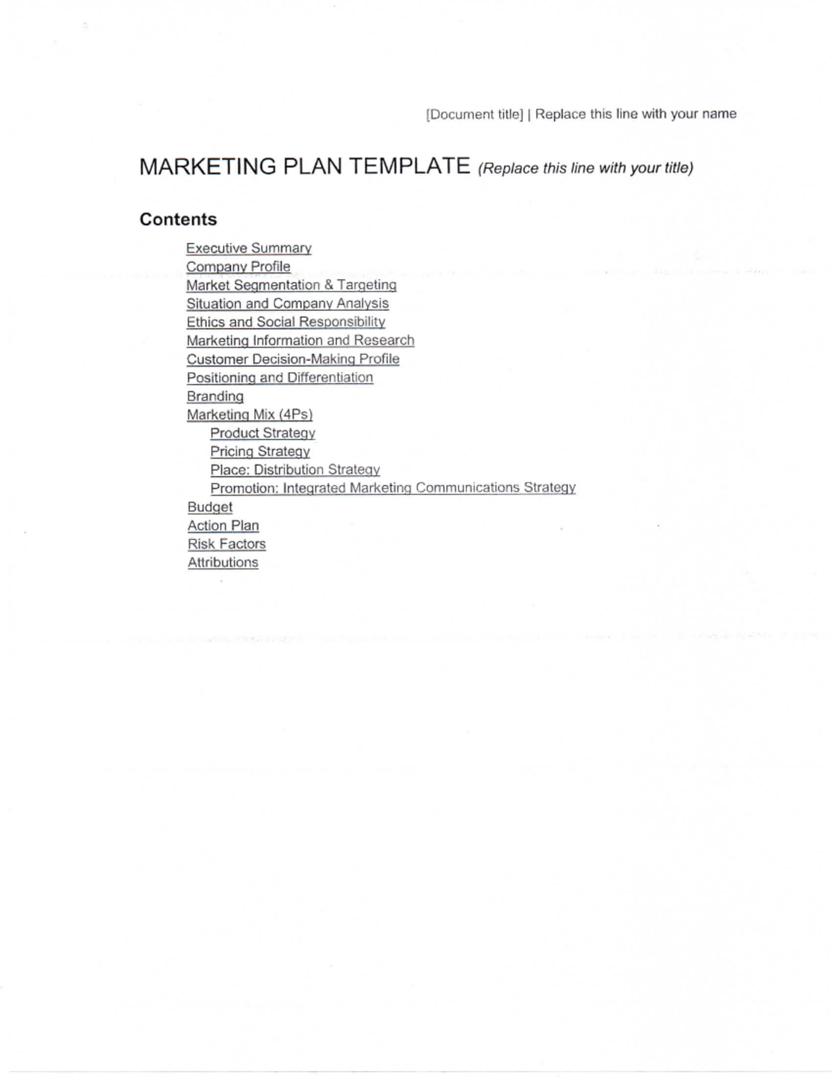 Marketing PLAN Template - MARKETI NG PLAN TEMPLATE /Rap/ace thi /i wt ...